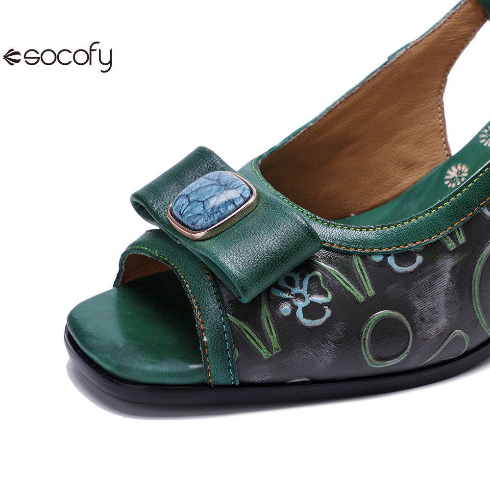 Socofy Handmade Leather Cubic Embossed Heeled Sandals – socofy