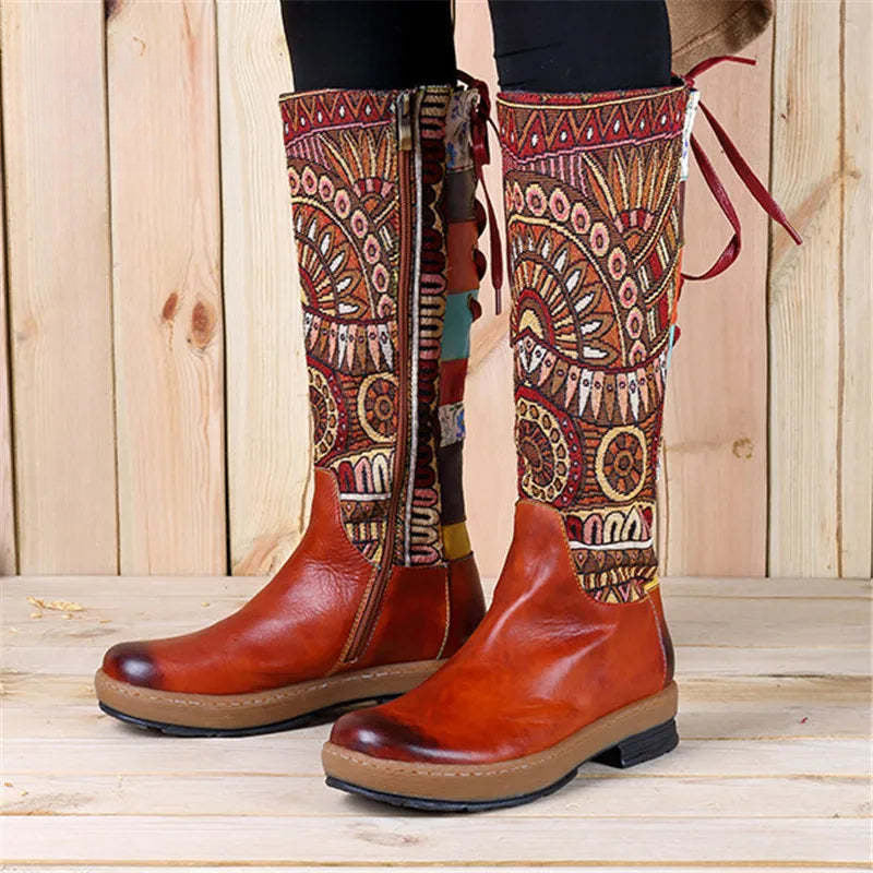 Socofy Vinatge Handmade Knee High Boots For Women Genuine Leather Shoes ...